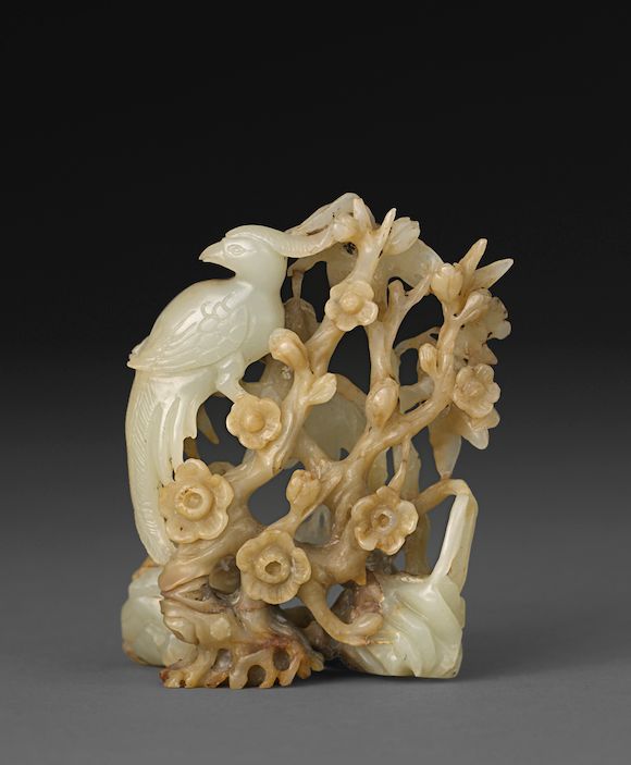Bonhams : A nephrite bird, flower and bamboo group 19th century