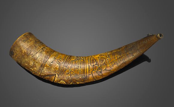 Bonhams : A carved American powder horn commemorating the Revolutionary War