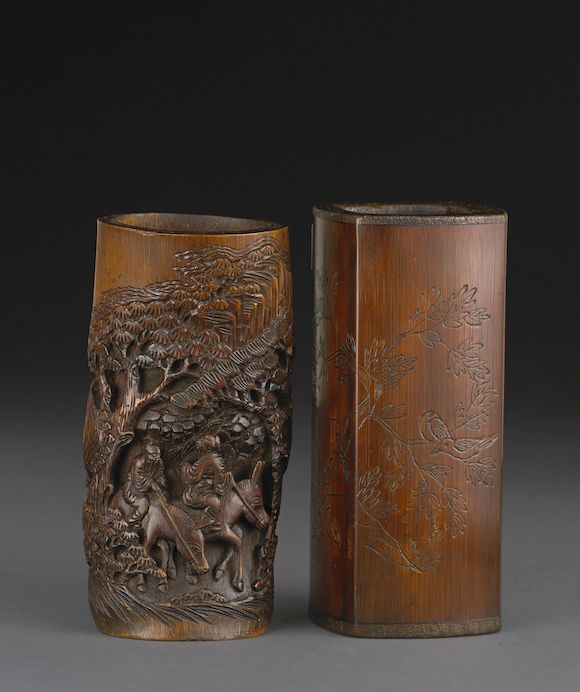Bonhams : Two carved bamboo containers