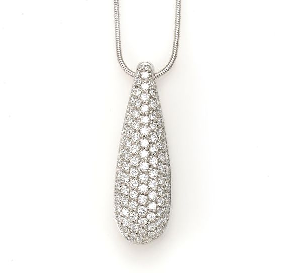 Bonhams : A diamond drop-shaped pendant/enhancer with chain