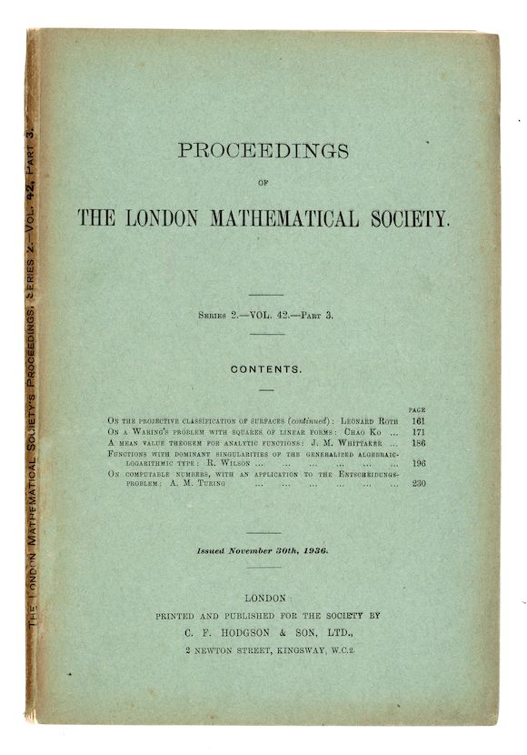 Bonhams : TURING, ALAN MATHISON. 1912-1954. "On Computable Numbers ...