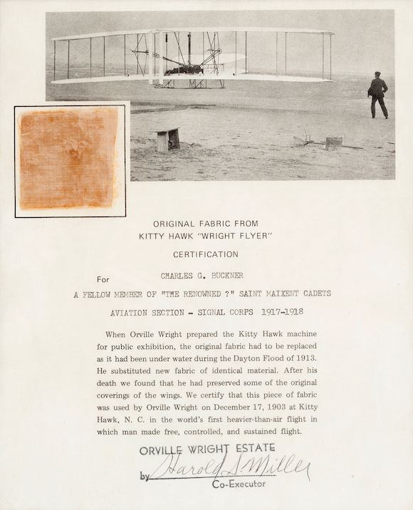 Bonhams : AVIATION: WRIGHT FLYER. An original sample of the fabric used on the Kitty Hawk ...