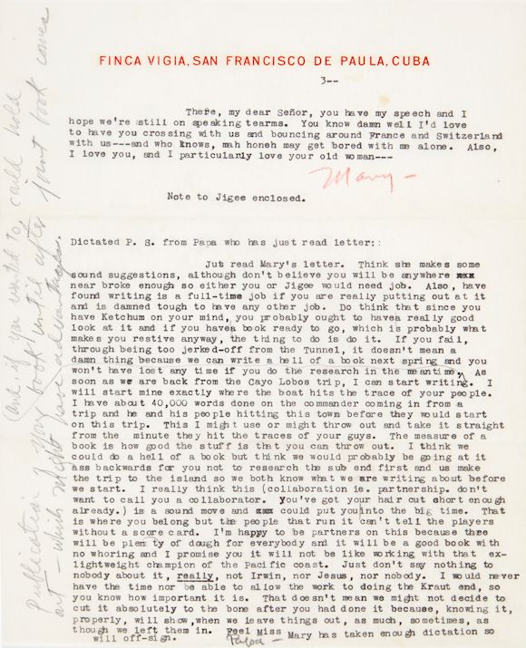 Bonhams : HEMINGWAY, ERNEST, and MARY WELSH HEMINGWAY. Typed Letter ...