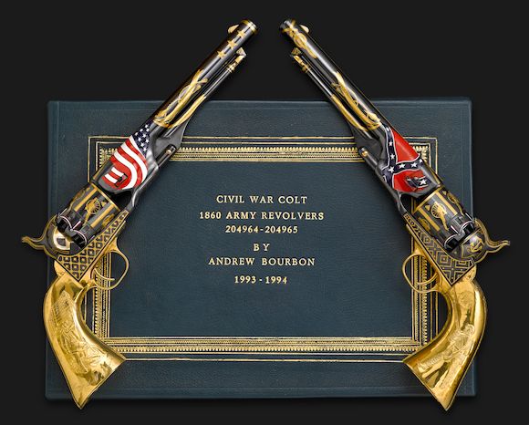 Bonhams : A cased pair of gold-inlaid, engraved and enameled Colt Model ...