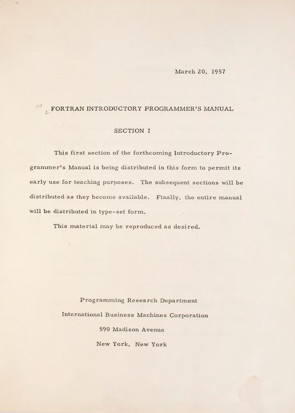Bonhams : FORTRAN. [BACKUS, JOHN. 1924-2007. Fortran Introductory ...