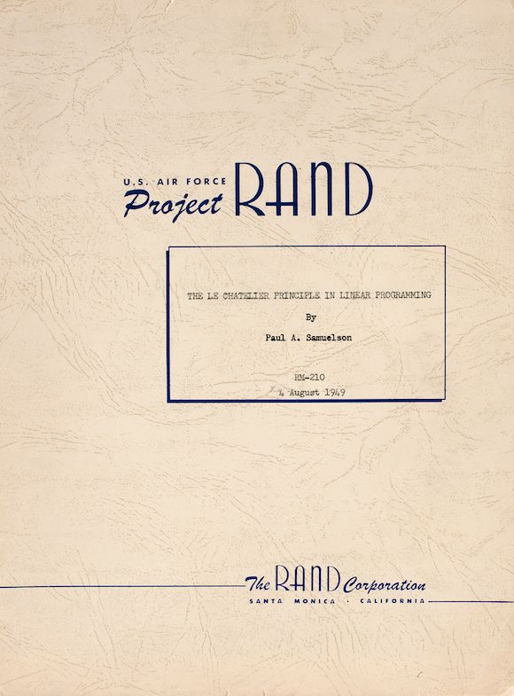 Bonhams : LINEAR PROGRAMMING. SAMUELSON, PAUL ANTHONY. 1915-2009. The Le Chatelier principle in ...