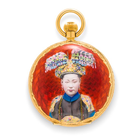 Bonhams : A very finely enameled 18K gold double portrait fob watch for ...