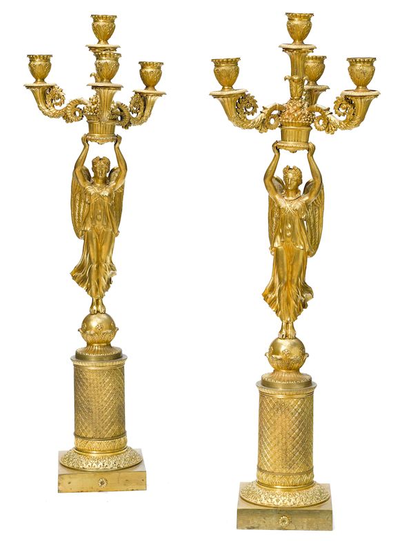 Bonhams : A pair of Empire gilt bronze four light candelabra early 19th ...