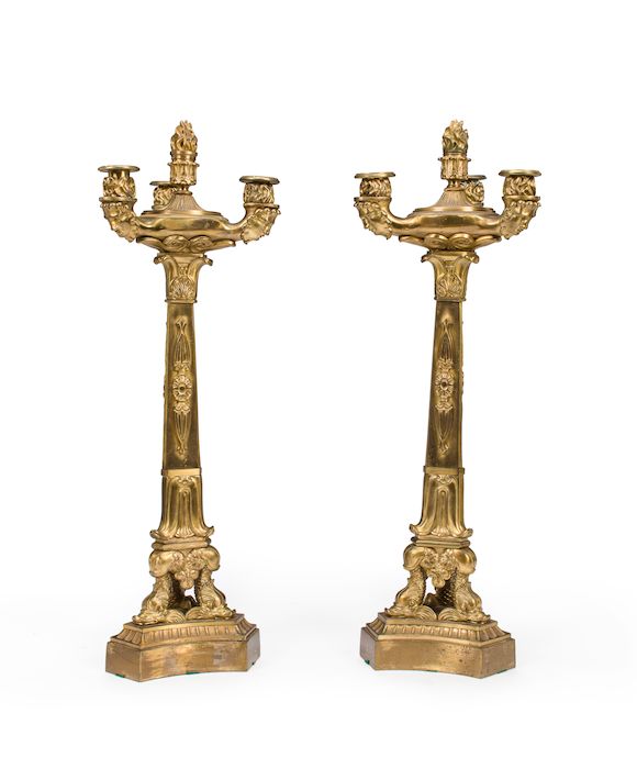 Bonhams : A pair of Restauration gilt bronze three-light candelabra ...