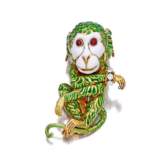 Bonhams : An enamel, diamond and ruby brooch "Gypsy Monkey", David Webb