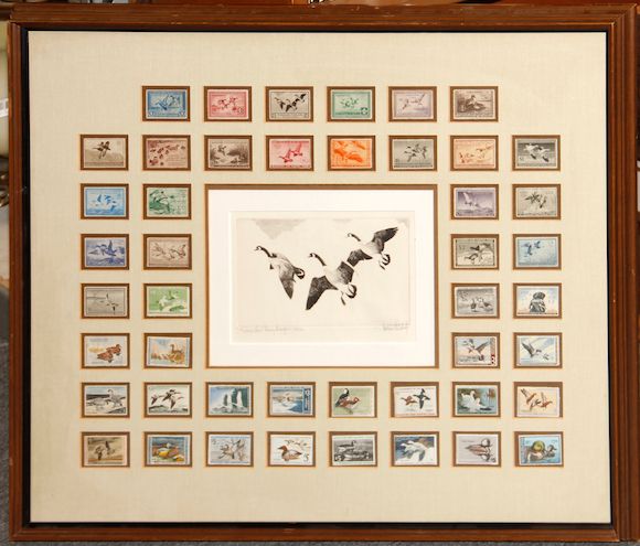 Bonhams : Two American framed etchings and a framed collection of ...