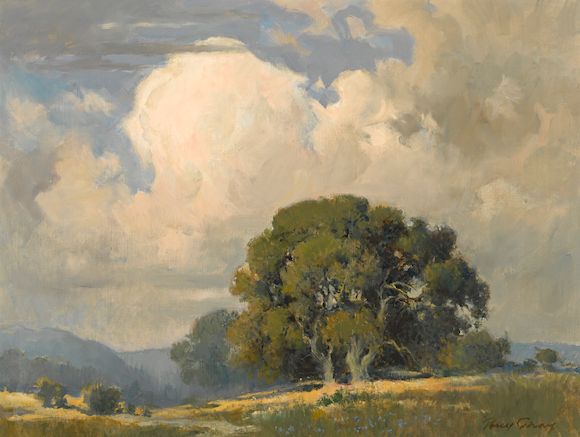 Bonhams : Percy Gray (1869-1952) Oaks beneath billowing clouds 18 x ...