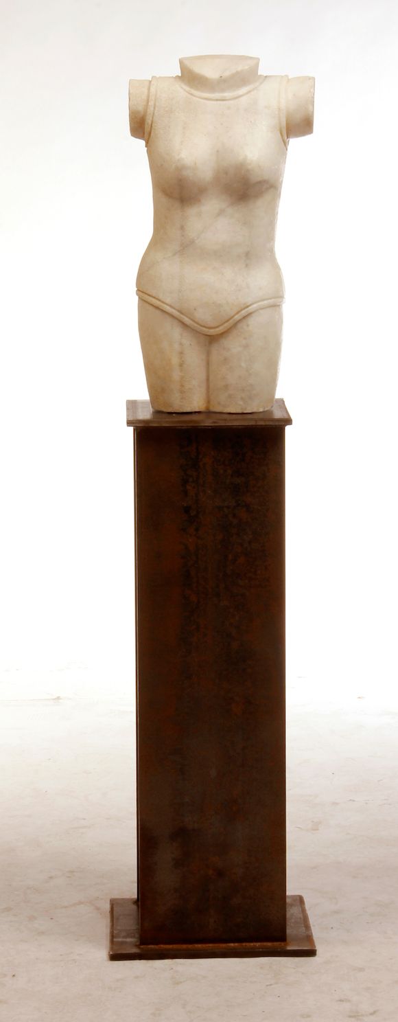Bonhams : An Asian carved marble female torso on iron I-beam pedestal