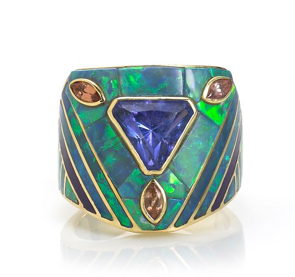 Bonhams : An opal, tanzanite, pinkish-brown sapphire and sugilite ring ...