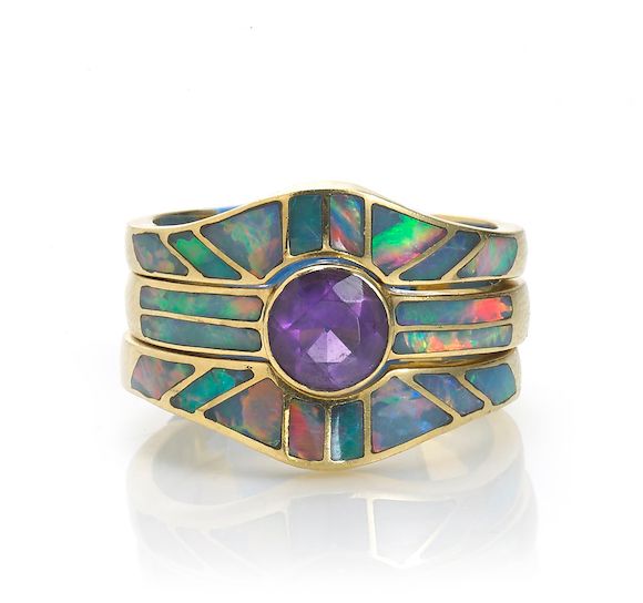 Bonhams : An amethyst and opal three ring stacking set, David R Freeland Jr