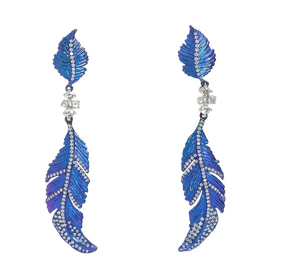 Bonhams : A pair of diamond and titanium feather earrings