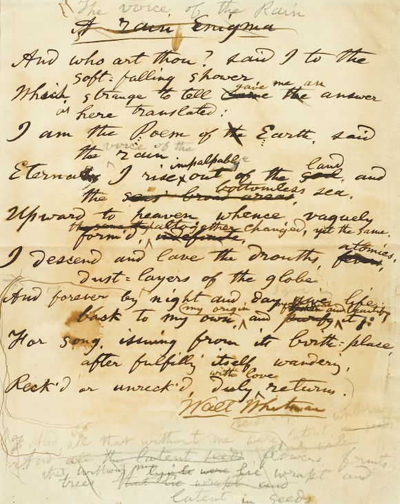 Bonhams : WHITMAN, WALT. 1819-1892. Autograph Manuscript Signed (Walt ...