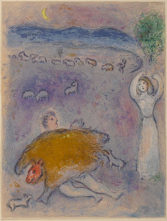 Bonhams : Marc Chagall (Russian/French, 1887-1985); Dorcon's Strategy, Pl. 10, from Daphnis & Chloe;