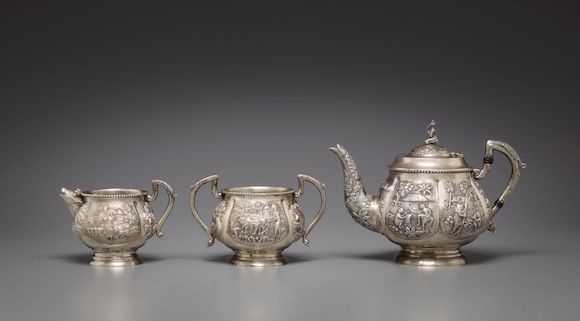 Bonhams : A repouseé silver tea service with village scenes Calcutta ...