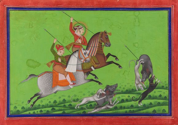 Bonhams : Maharana Ari Singh hunting boar Mewar, late 19th century
