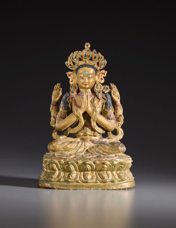 Bonhams : A wood figure of Shadakshari Tibet, 19th century