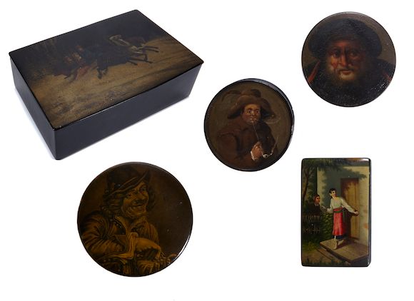 Bonhams : A pair of Russian lacquer boxes, together with three European ...