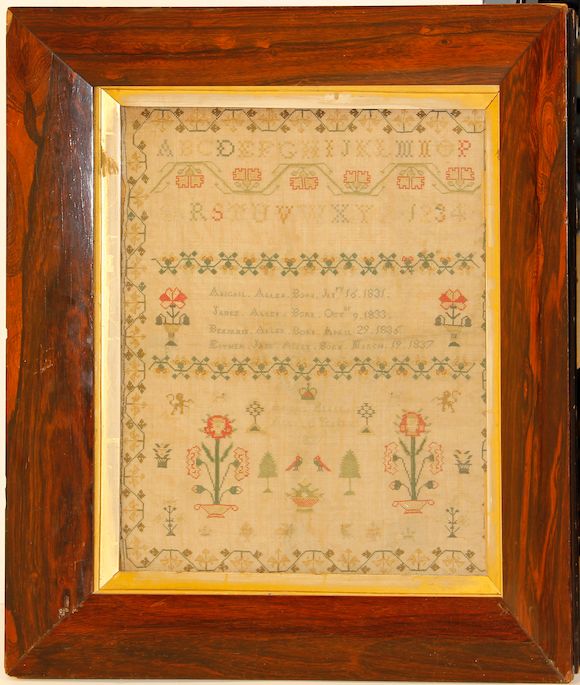 Bonhams : An embroidered linen sampler Abigail Allendated 1837