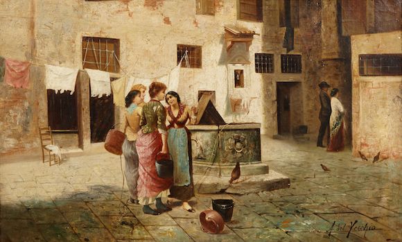 Bonhams : A. del Vecchio Women at the well 23 x 37 3/4in
