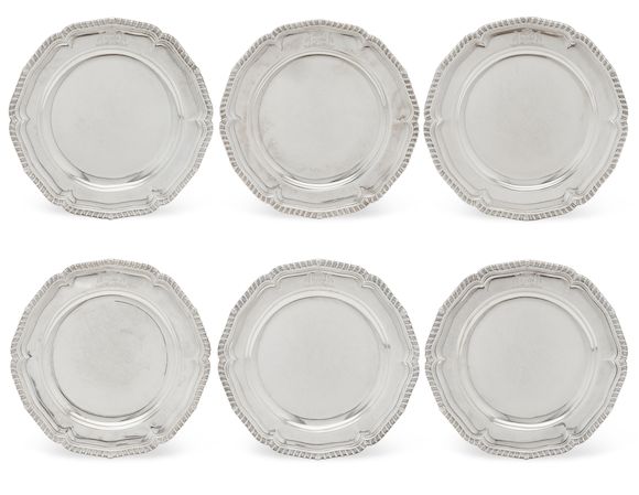 Bonhams : A set of six George III sterling silver dinner plates by ...