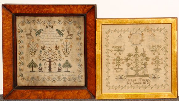 Bonhams : Two American and English silk and linen needlework samplers