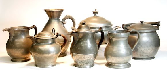 Bonhams : Five Continental pewter pitchers and two covered pots 19th ...