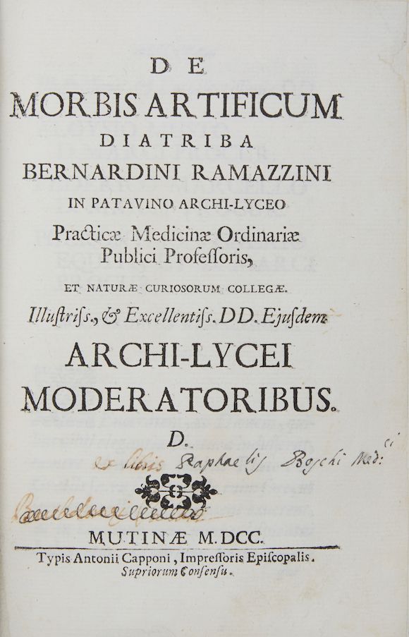 Bonhams : RAMAZZINI, BERNARDINO. 1633-1714. De morbis artificium ...