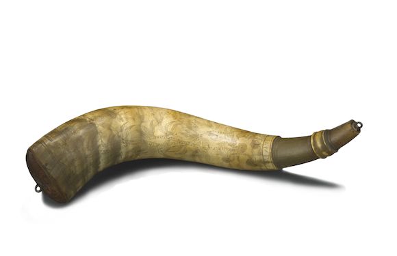 Bonhams : An incised horn and wood powderhorn early 19th century