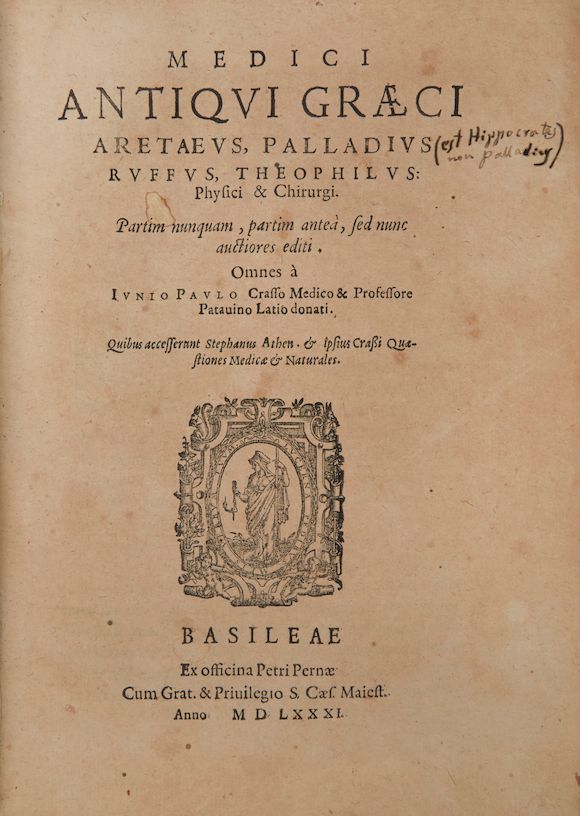 Bonhams : ARETAEUS; PALLADIUS; RUFFUS; THEOPHILUS; HIPPOCRATES. GRASSI ...