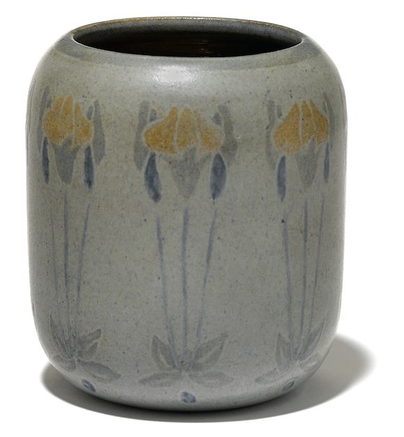 Bonhams : A Marblehead Pottery grey glazed earthenware vase with iris ...