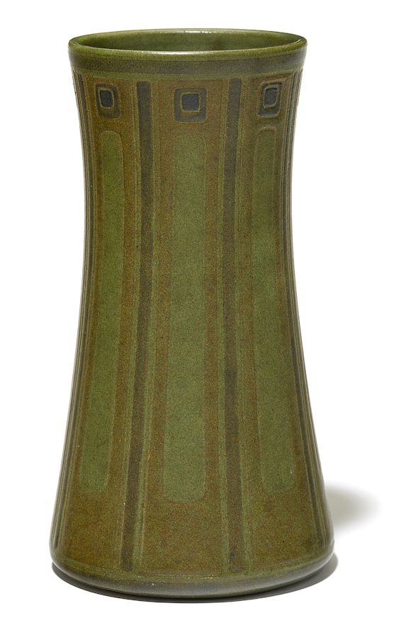 Bonhams : A Marblehead Pottery green glazed earthenware corseted vase ...