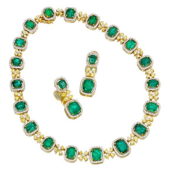 Bonhams : A suite of emerald, colored diamond and diamond jewelry