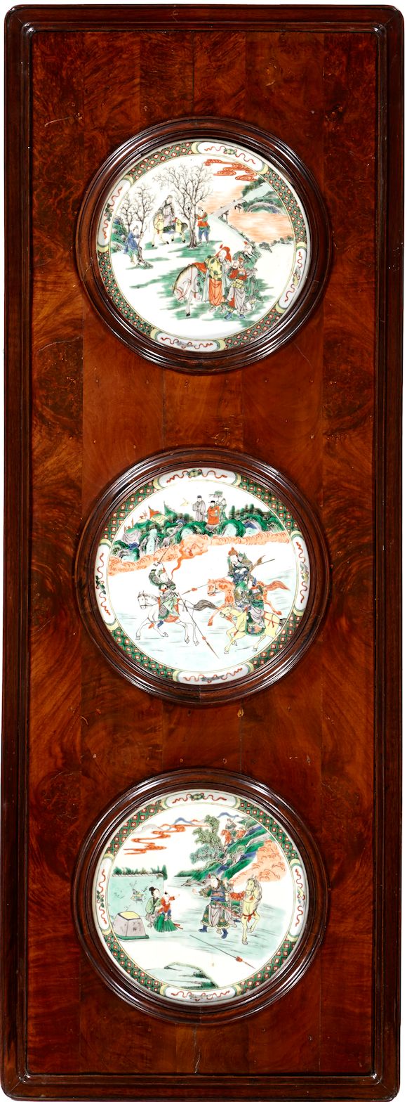 Bonhams : A mixed wood wall panel inset with three polychrome enameled ...
