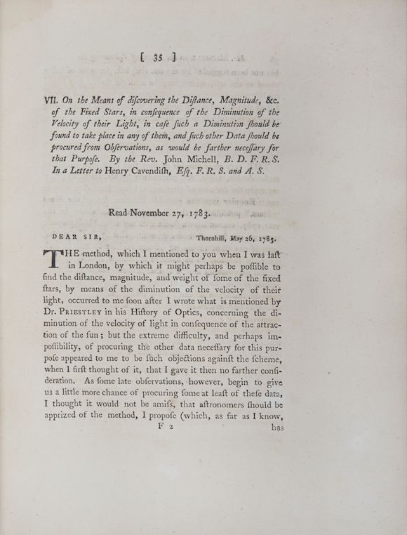 Bonhams : MICHELL, JOHN. 1724?-1793. "On the means of discovering the ...
