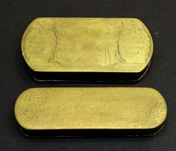 Bonhams : Two Dutch engraved brass and copper tobacco boxes 18th century