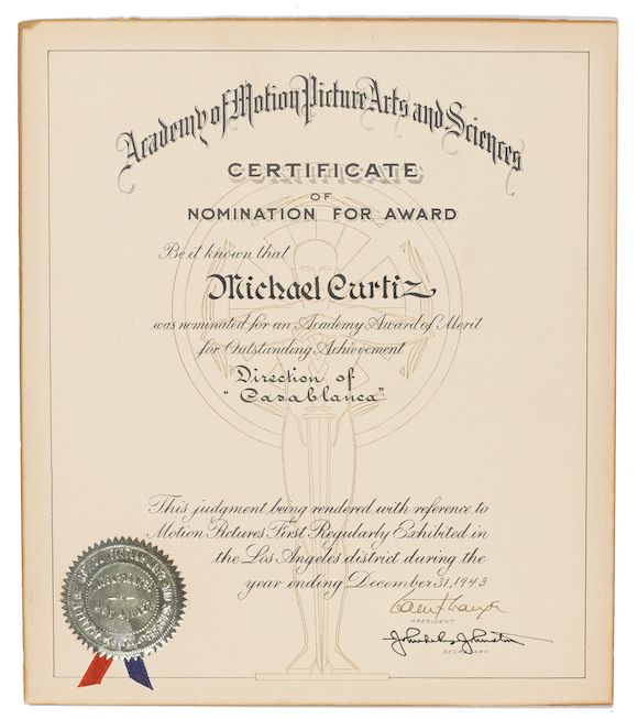 Bonhams : An Academy Award® nomination certificate for Michael Curtiz's ...