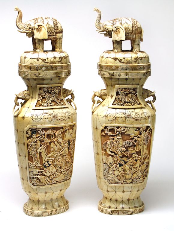 Bonhams : A pair of Chinese bone tile veneered oval vases and covers