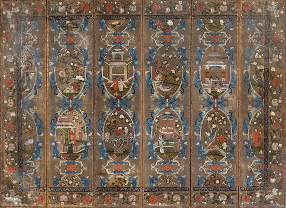 Bonhams : A Continental polychrome decorated leather six panel floor ...