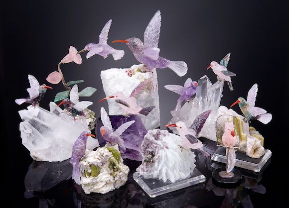 Bonhams : Group of Nine Carved Gemstone Birds