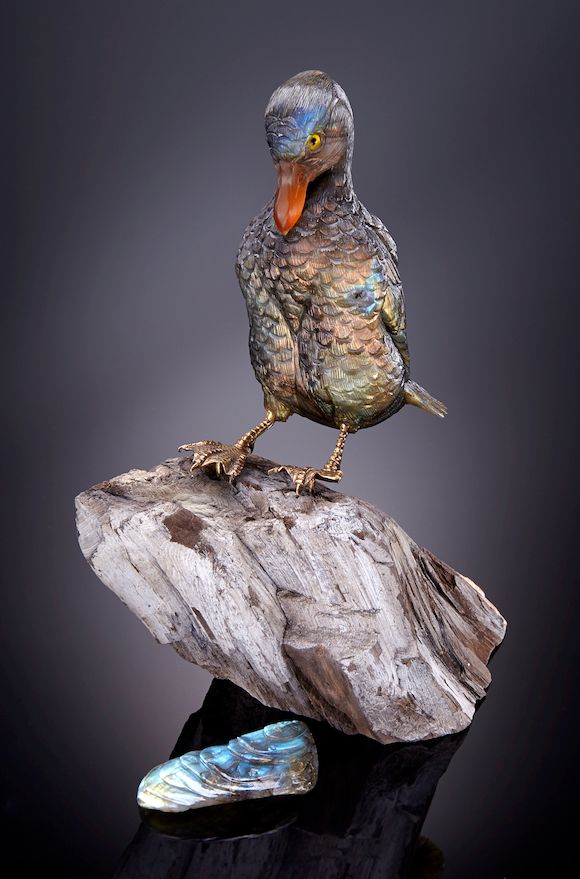 Bonhams : Labradorite Duck on Petrified Wood Base