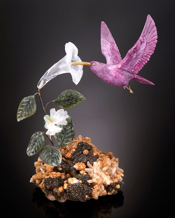 Bonhams : Ruby Carving of a Hummingbird with Quartz Flower