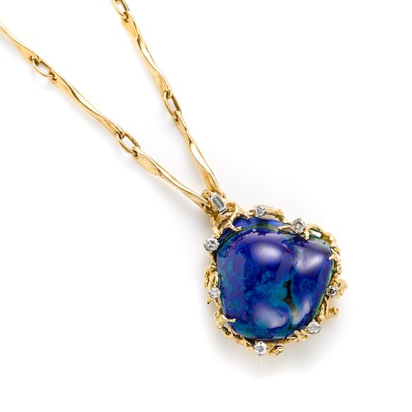 Bonhams : An azurmalachite, diamond and 14k gold pendant with gold chain