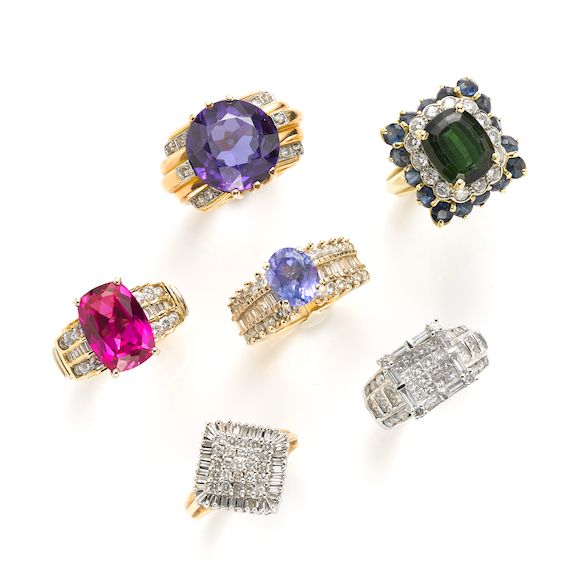 Bonhams : A collection of six gem-set, diamond, 18k, 14k and 10k gold rings
