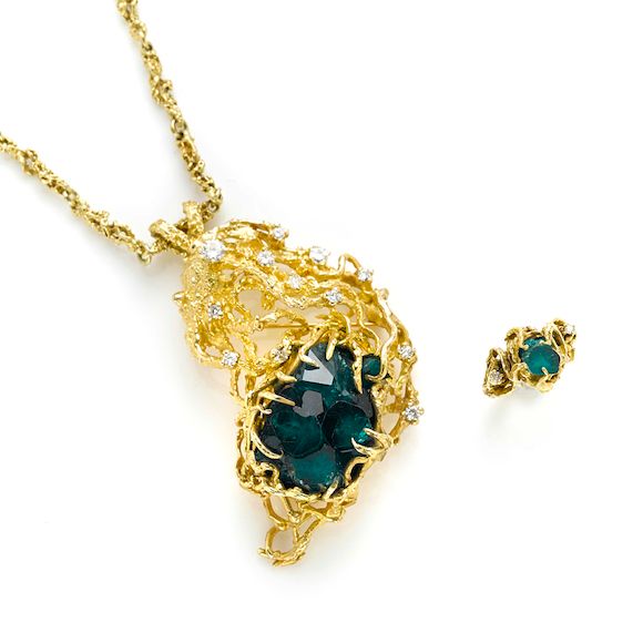 Bonhams : A synthetic emerald crystal aggregate, diamond and 14k gold ...