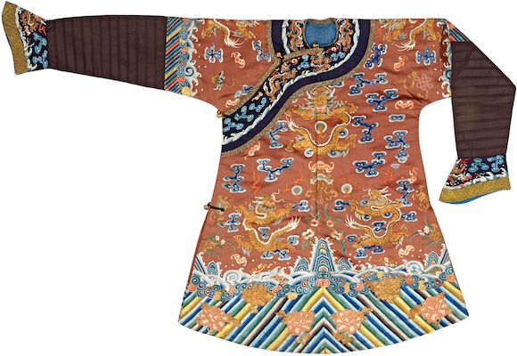 Bonhams : A child's russet silk ground embroidered dragon robe Late ...